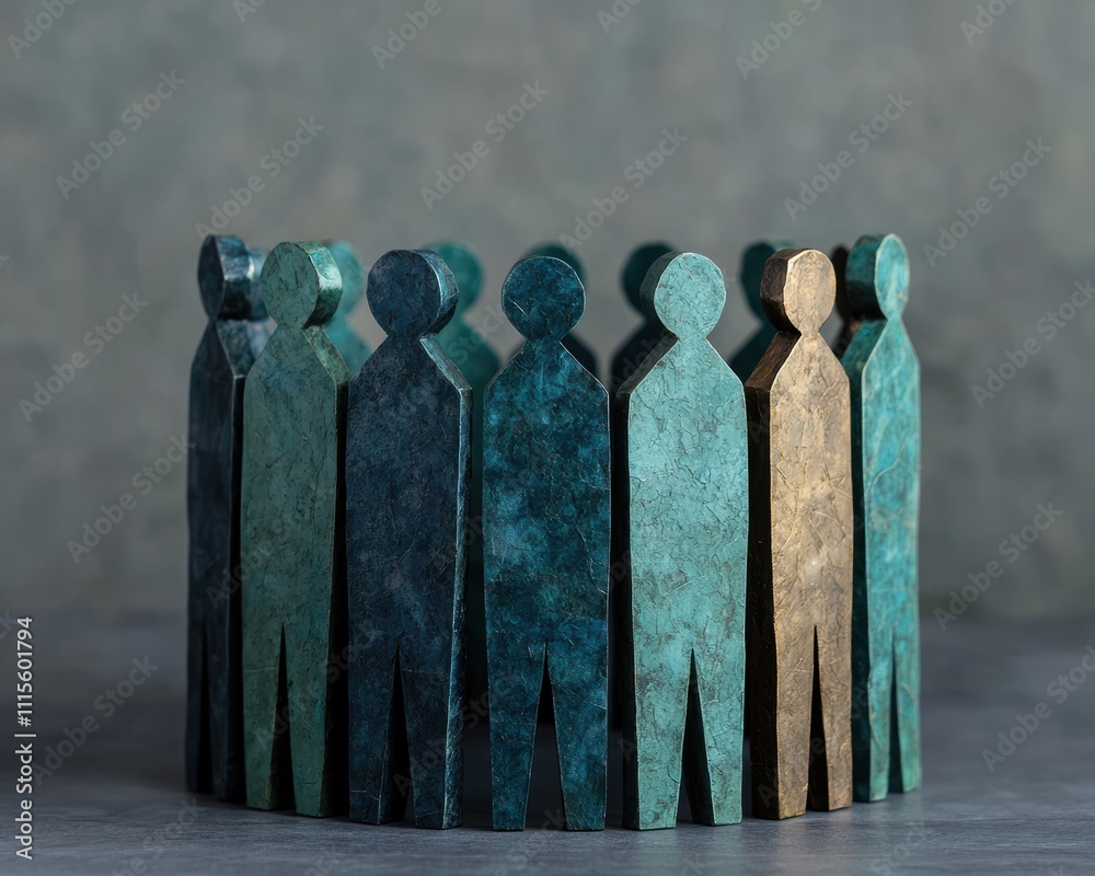 An artistic sculpture depicting a circle of abstract human figures ...