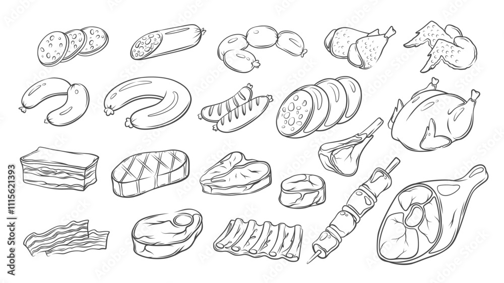 Meat line icons set. Hand drawn retro raw and cooked beef steak, BBQ ...
