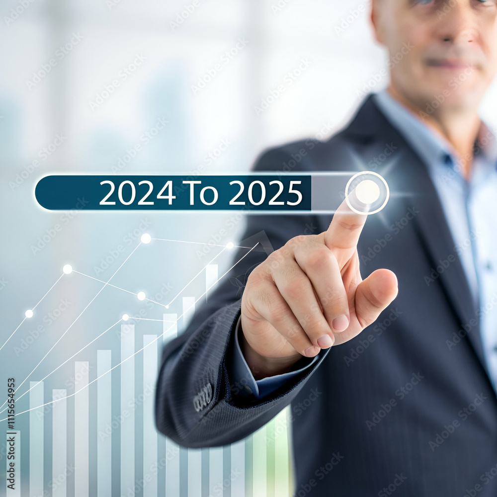 A person pointing to a loading bar transitioning from 2024 to 2025 ...