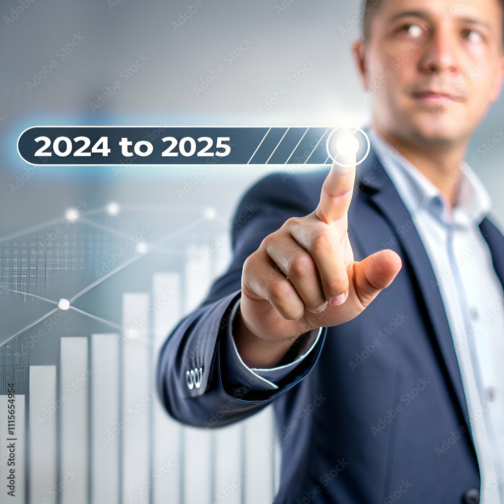 A person pointing to a loading bar transitioning from 2024 to 2025 ...
