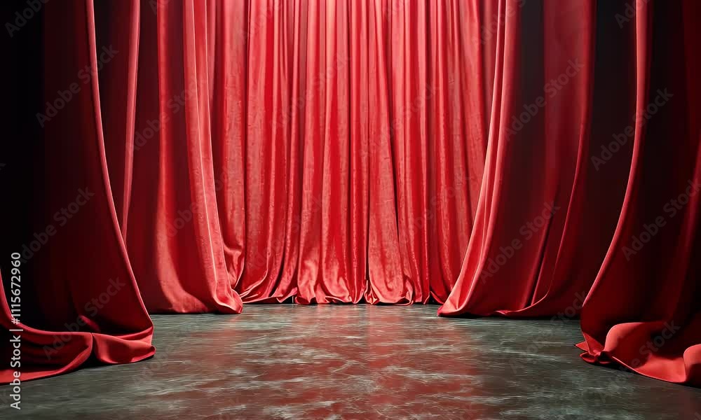 Red velvet curtains drawn back to reveal a dark stage floor. Stock ...
