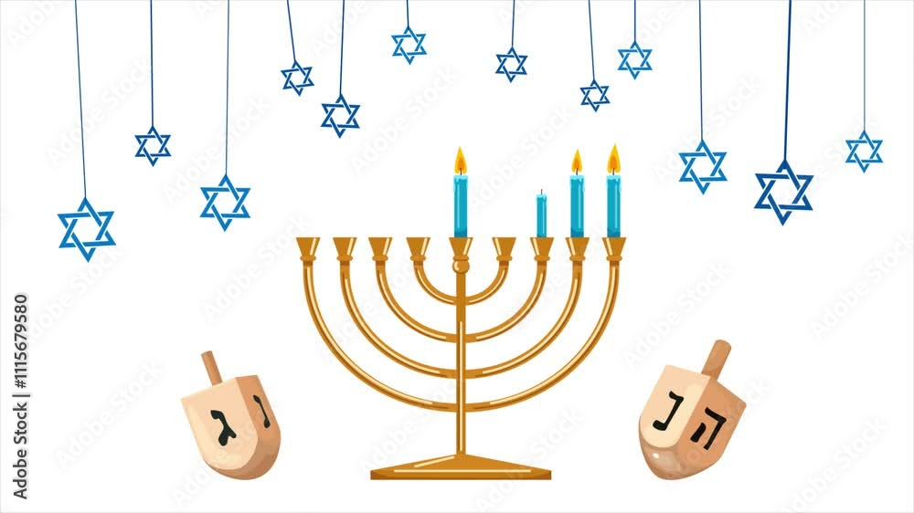 Hanukkah Illustration with Menorah, Candles, Dreidels and Star of David ...
