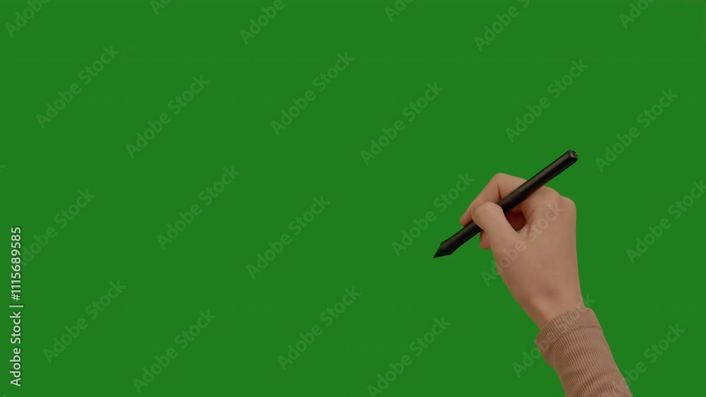 Gestures female swiping of pen on chroma key green screen background ...