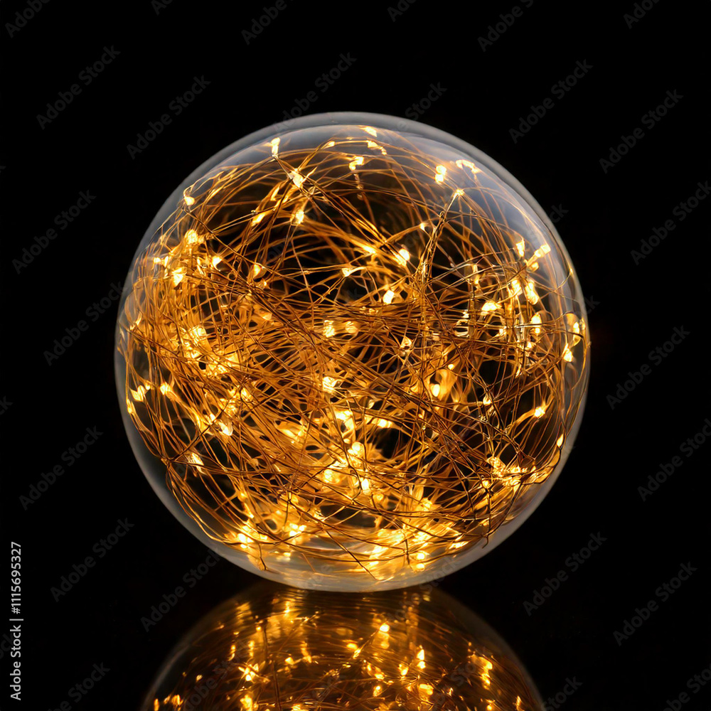 A hand-blown glass sphere filled with tiny, golden LED fairy lights ...