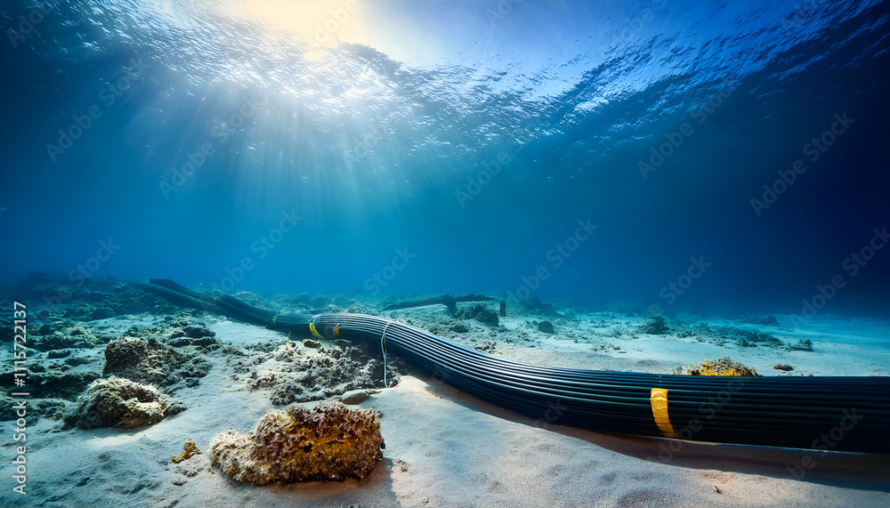Underwater view of a fiber-optic communication cable with protective ...