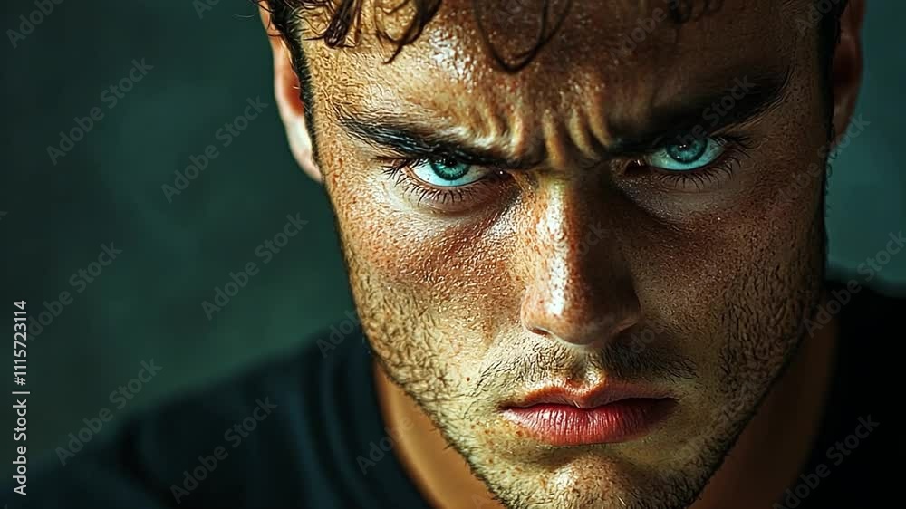A close-up portrait of a determined man with piercing blue eyes ...