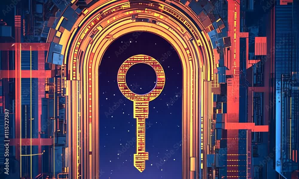 A futuristic archway featuring a key symbol, suggesting themes of ...