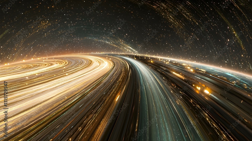 Futuristic highway circling a planet at night, with glowing light ...
