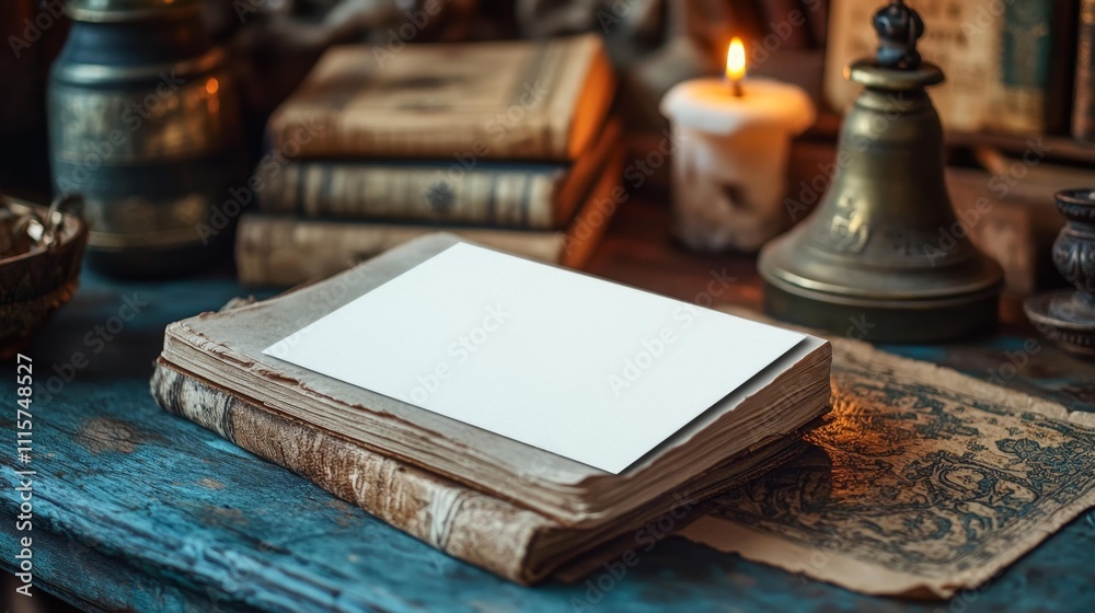 Blank Business Card on Religious Scriptures with Oil Lamp and Bell ...