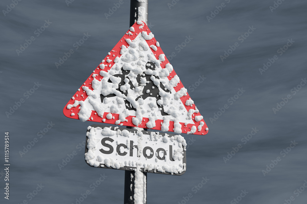 Triangular school road sign covered by snow in storm. 3D illustration ...