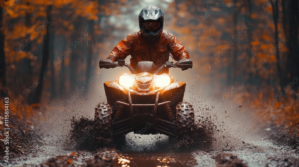 Mud-covered ATV rider speeding through off-road trails with glowing ...
