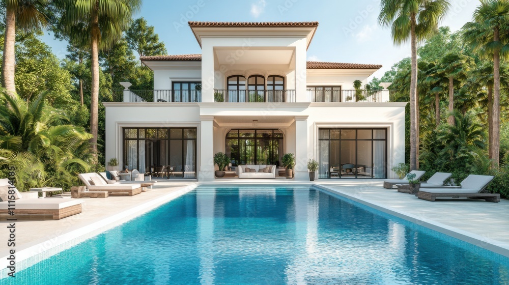 Luxury white villa with swimming pool and lush tropical garden, private ...