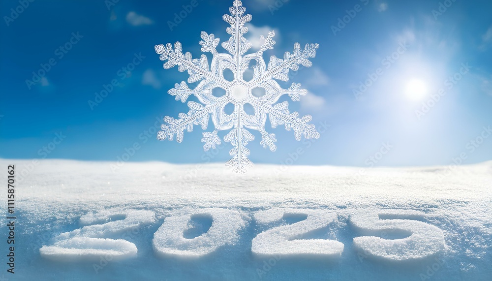 snowflake on winter landscape with bright sun and blue sky; happy new ...