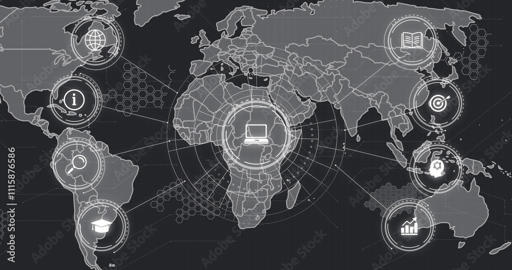 Digital world map with laptop icon and data processing image over ...