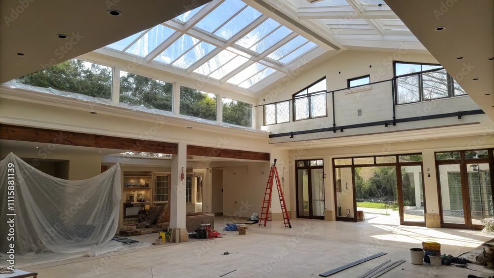 An expansive living area featuring an open ceiling where a large ...