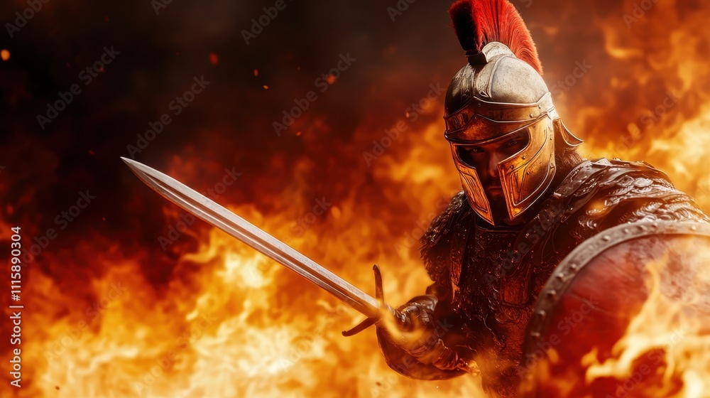 A valiant warrior emerges amidst roaring flames, clad in ancient armor ...