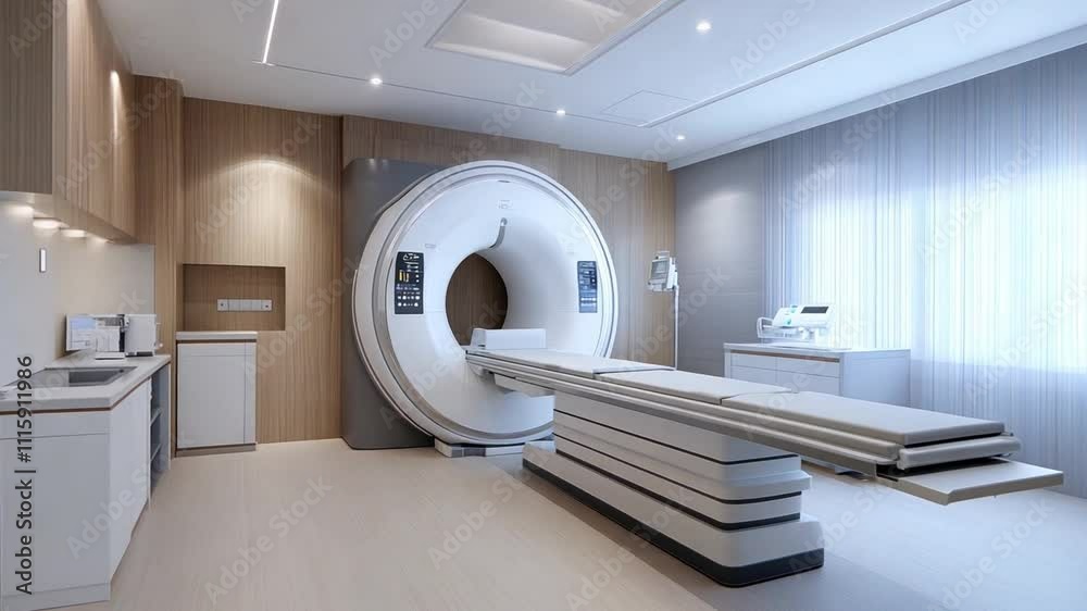 Modern medical imaging room featuring advanced CT scanner and bright ...