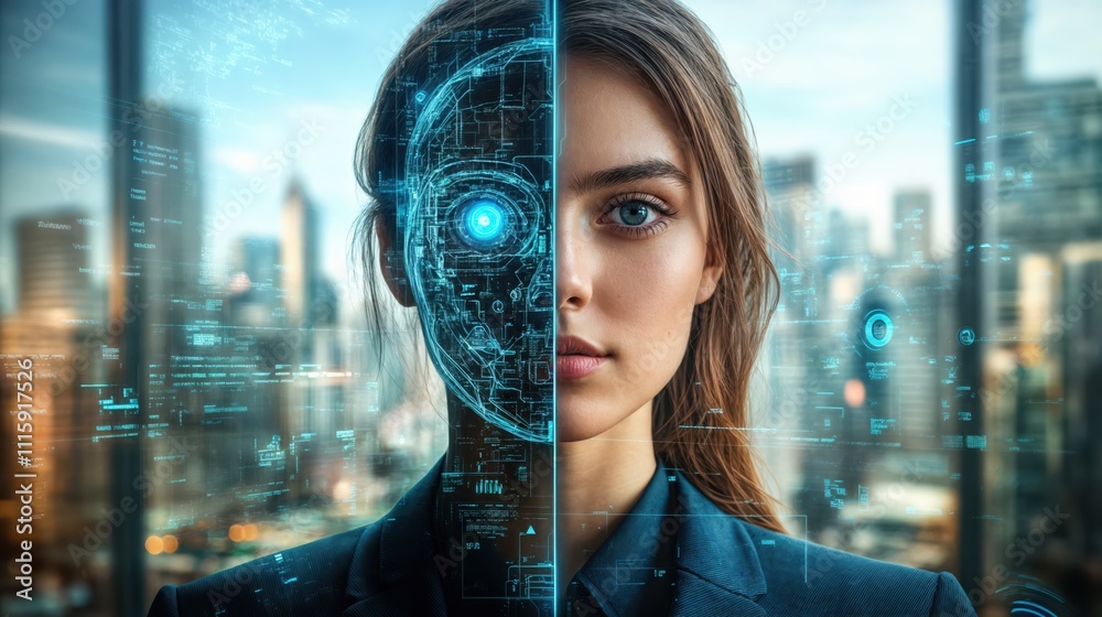 Half human, half robot businesswoman representing the fusion of ...