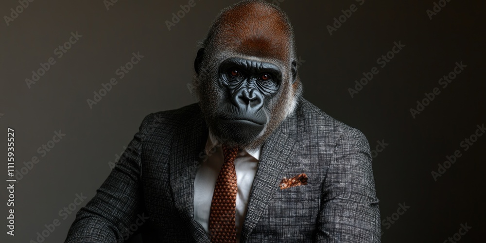 An ape in a formal business suit, posing for a fashion portrait with a ...