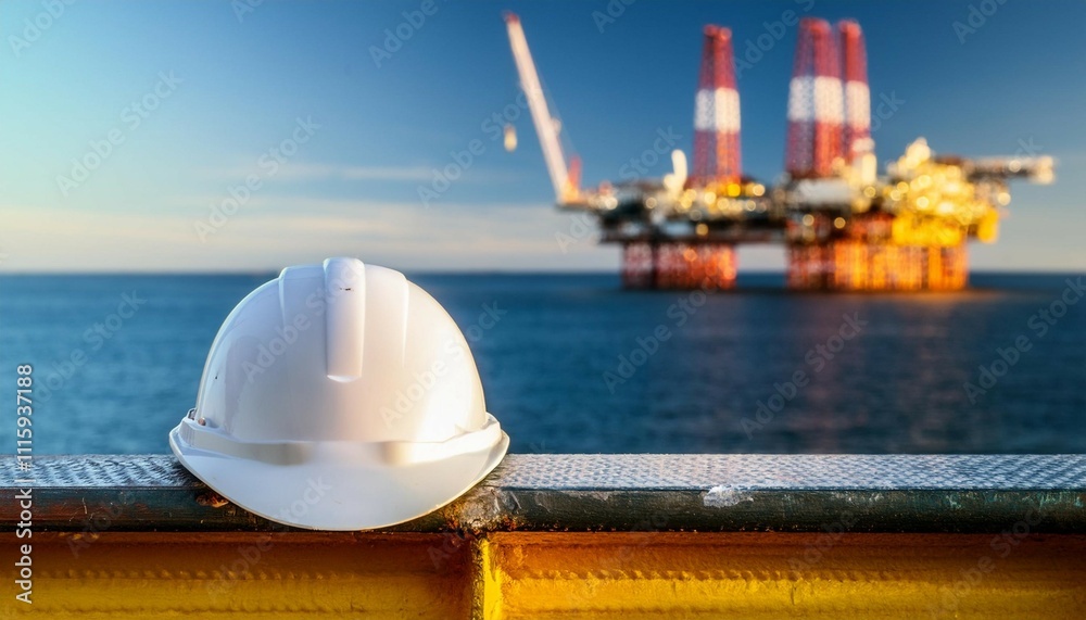 a white safety helmet rests prominently on a railing with the blurred ...