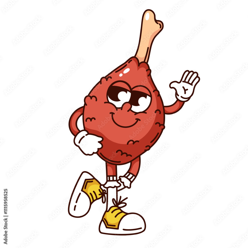 Groovy chicken drumstick cartoon character walking and waving. Funny ...