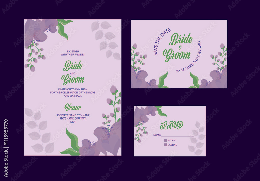 Fully Editable Wedding Invitation Cards with Floral llustrations. Stock ...