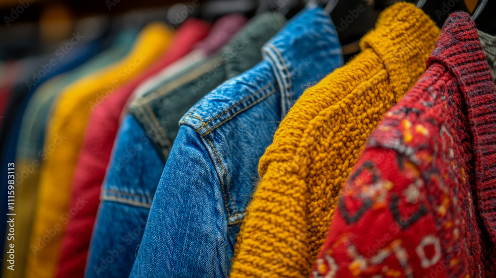 A collection of brightly colored jackets is showcased on racks in a ...