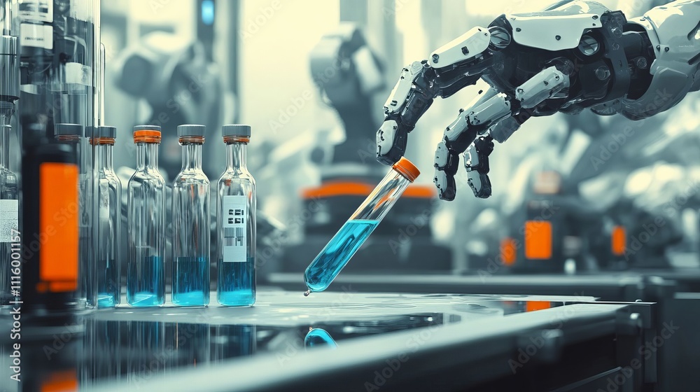 A high-tech medical production line with robotic arms and precision ...