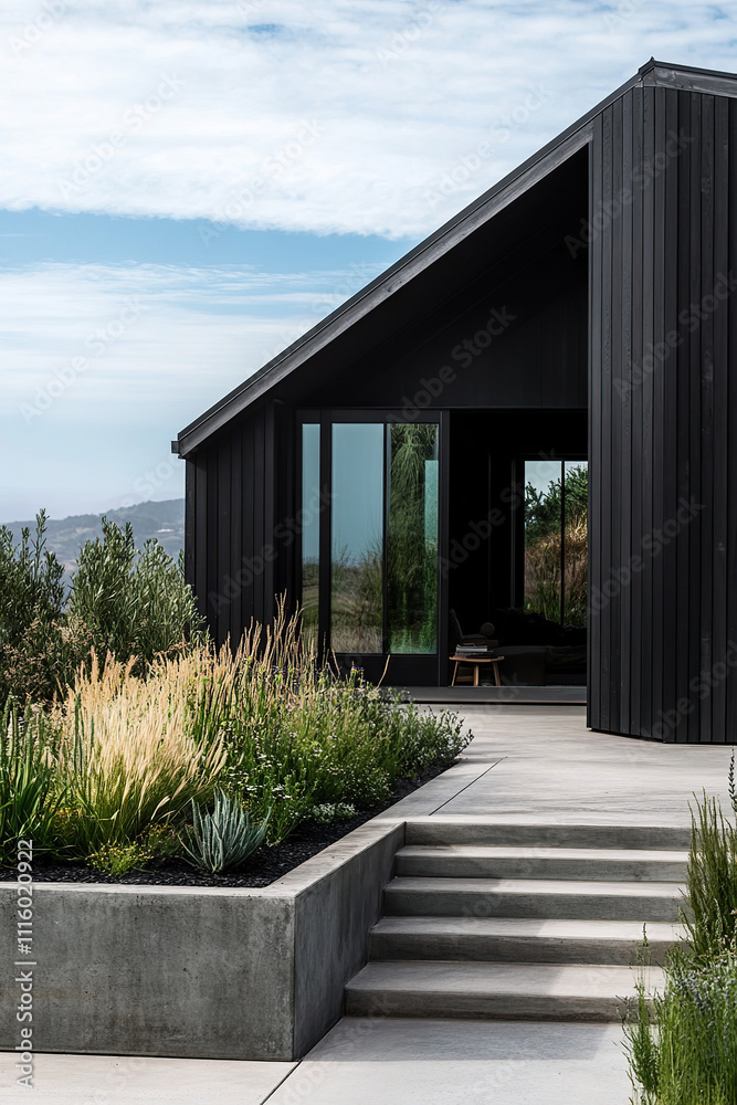 A modern black barn house with concrete steps, plants, and flowers in ...