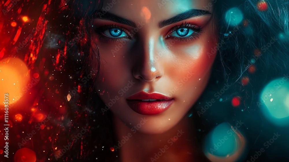 Bright and spectacular image of the face of a young beautiful stylish ...