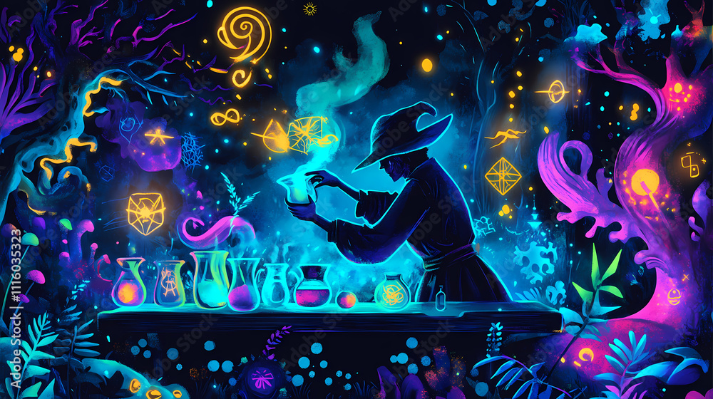 An alchemist in a glowing forest mixing potions while mystical ...
