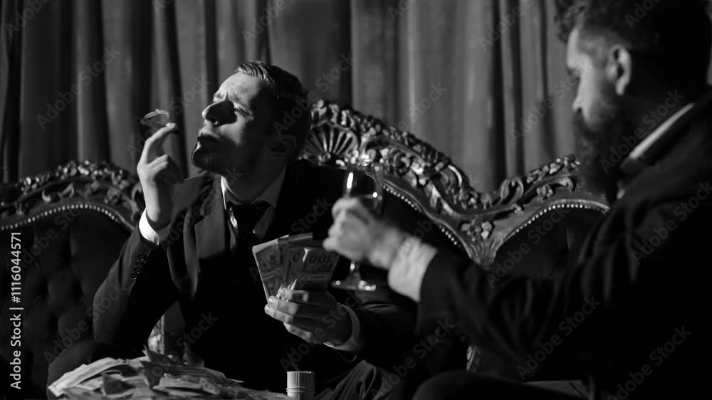 Two rich men. Gangsters in dark room counting money dollars. Rich ...