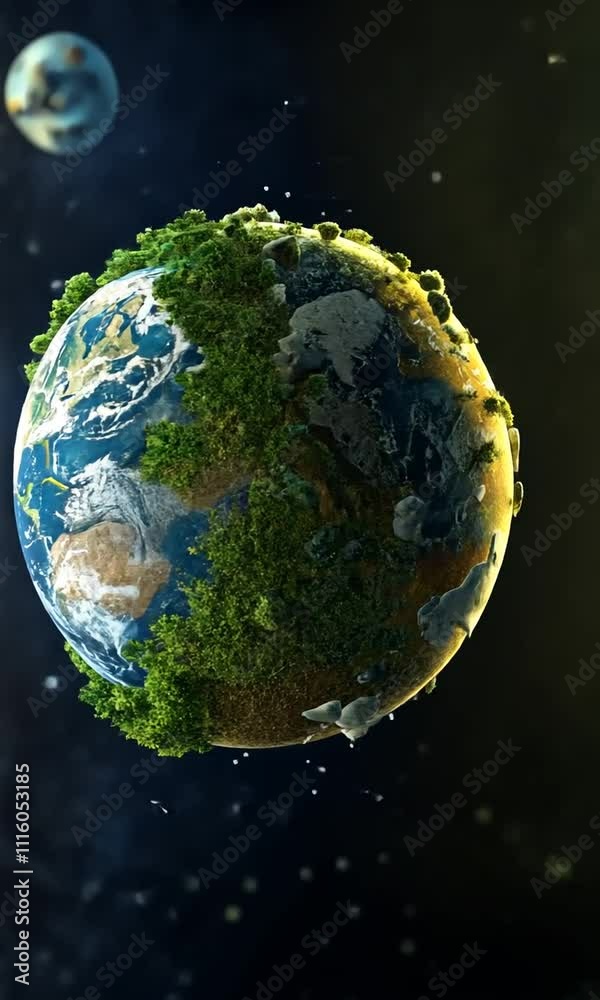 Vertical video background of planet earth surrounded by ashes turning ...