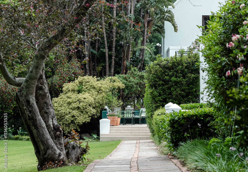 walking path to the villa on the hotel grounds. paving stone path, way ...