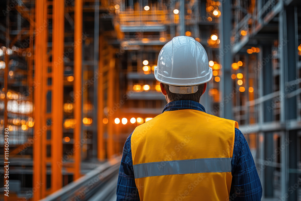 Engineer wearing hard hat and reflective vest inspecting modern ...