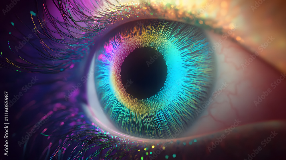 Human multicolored iris of the eye animation concept. Rainbow lines ...
