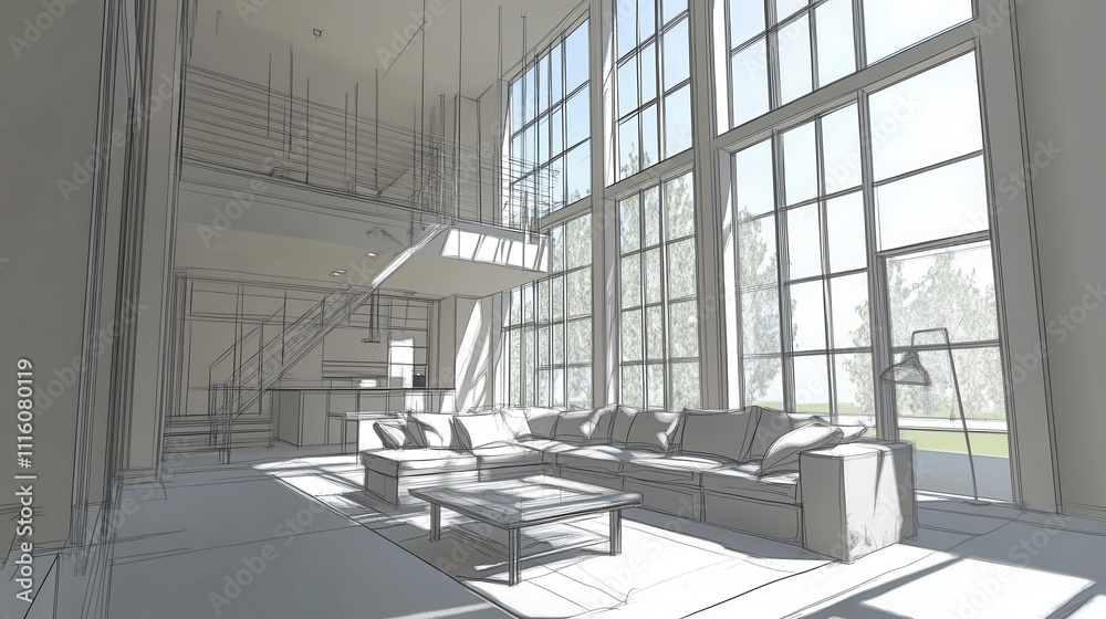 Modern Loft Apartment Architectural Sketch Design Spacious Living Room ...