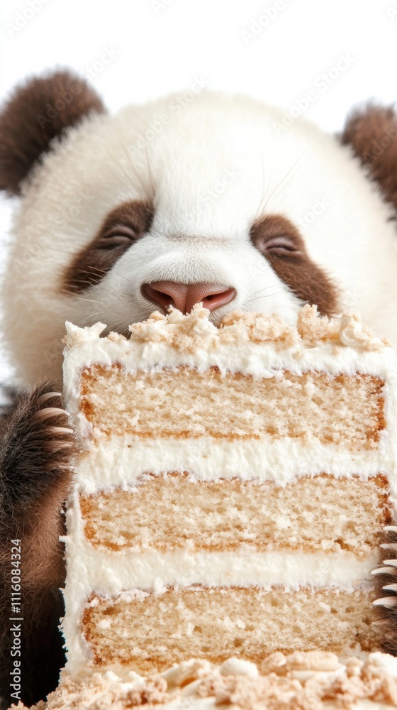 Adorable panda enjoying a slice of layered cream cake, showcasing its ...