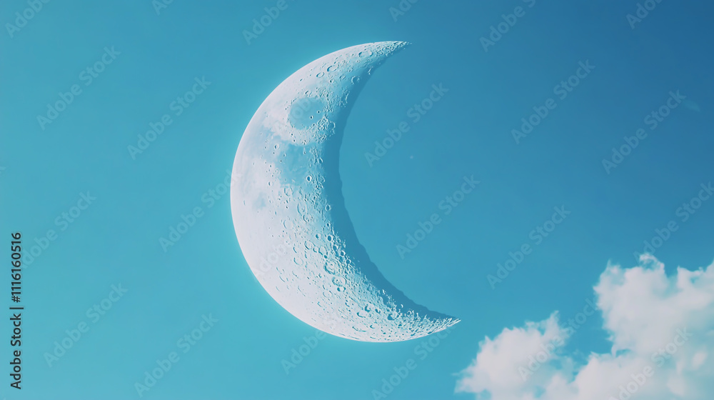 Detailed close-up photograph of a waxing crescent moon against a ...