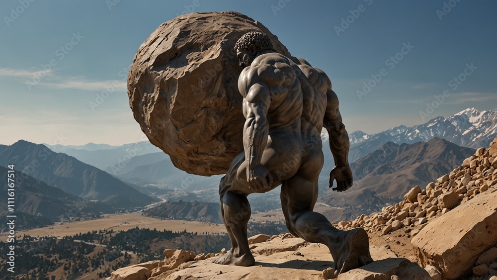 Statue of Sisyphus, the god of eternal labor, carrying a boulder on his ...