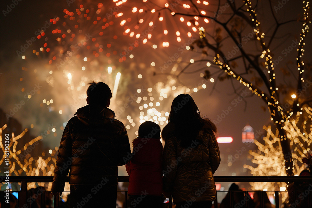 happy new year fireworks. fireworks in the city of night. family with ...