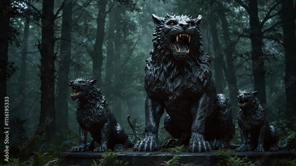 Statue of Cerberus, the monster god of fear, with arms wide open ...