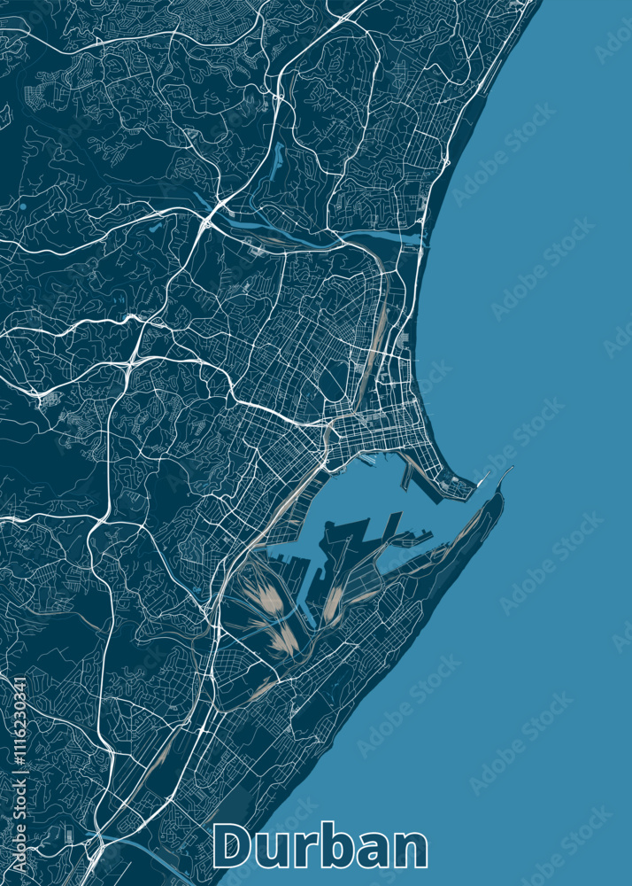 This detailed map showcases the city of Durban, South Africa, with a ...
