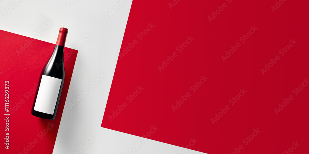 Red wine bottle with blank white label leans against red and white geometric background ...