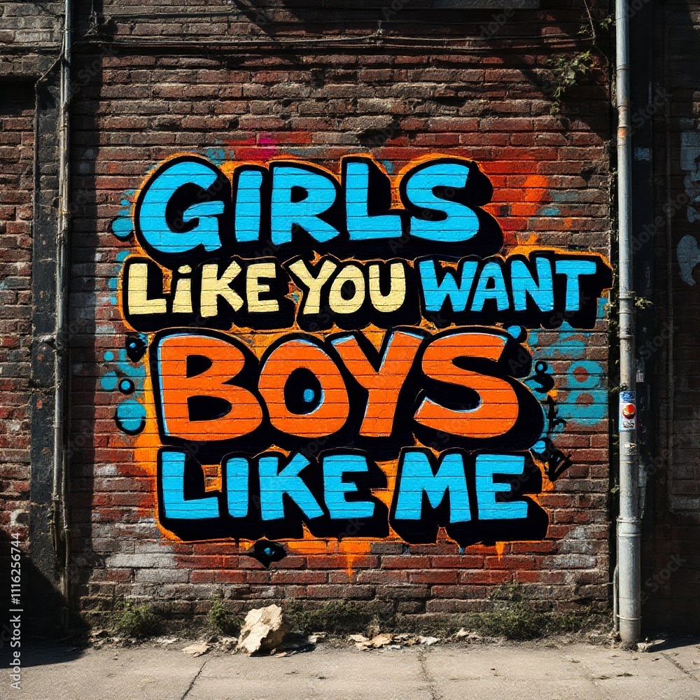 graffiti girls like you want boys like me spans brick wall in bright ...