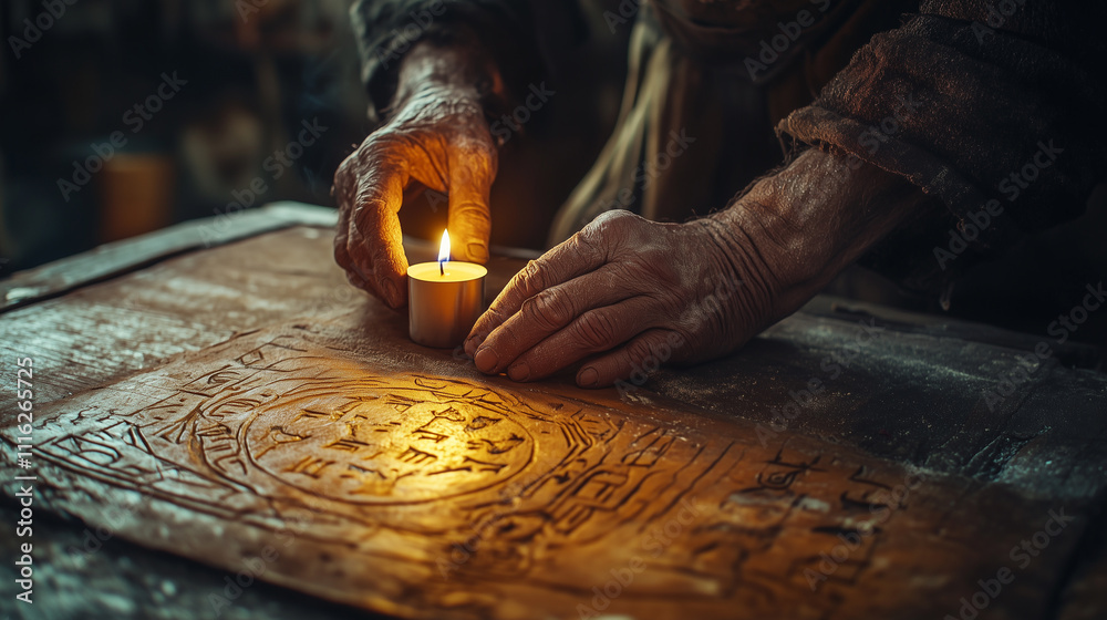 Ancient Ritual Hands Illuminated by Candlelight on Engraved Wooden ...