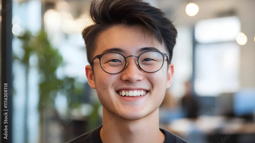 Young Japanese man with glasses smiles brightly in modern office ...