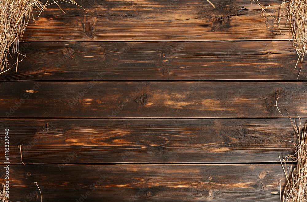 Wooden background with hay border, rustic wooden planks, natural ...