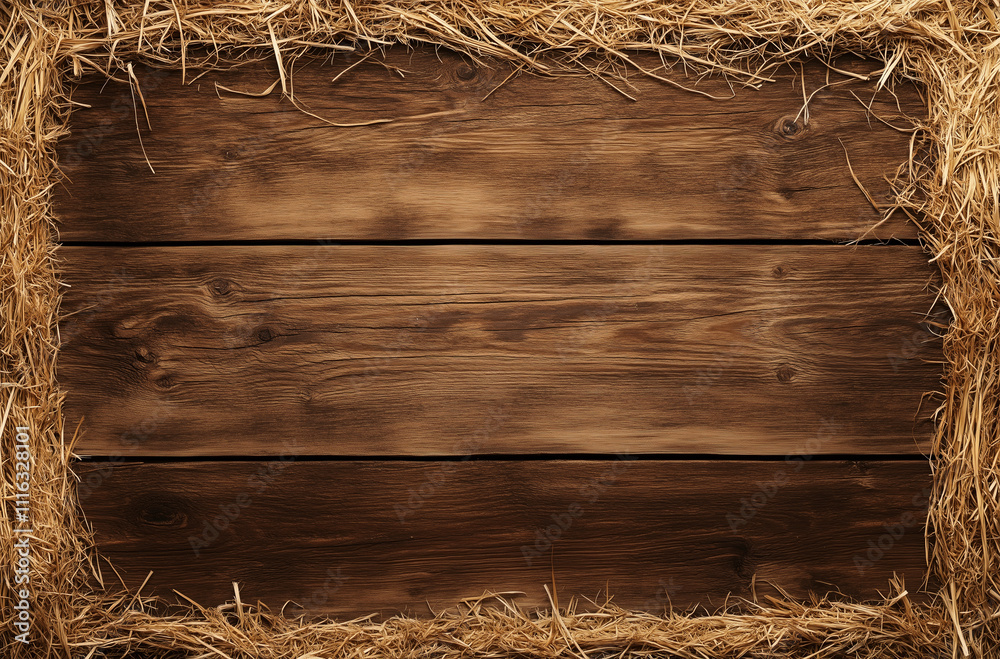 Wooden background with hay border, rustic wooden planks, natural ...