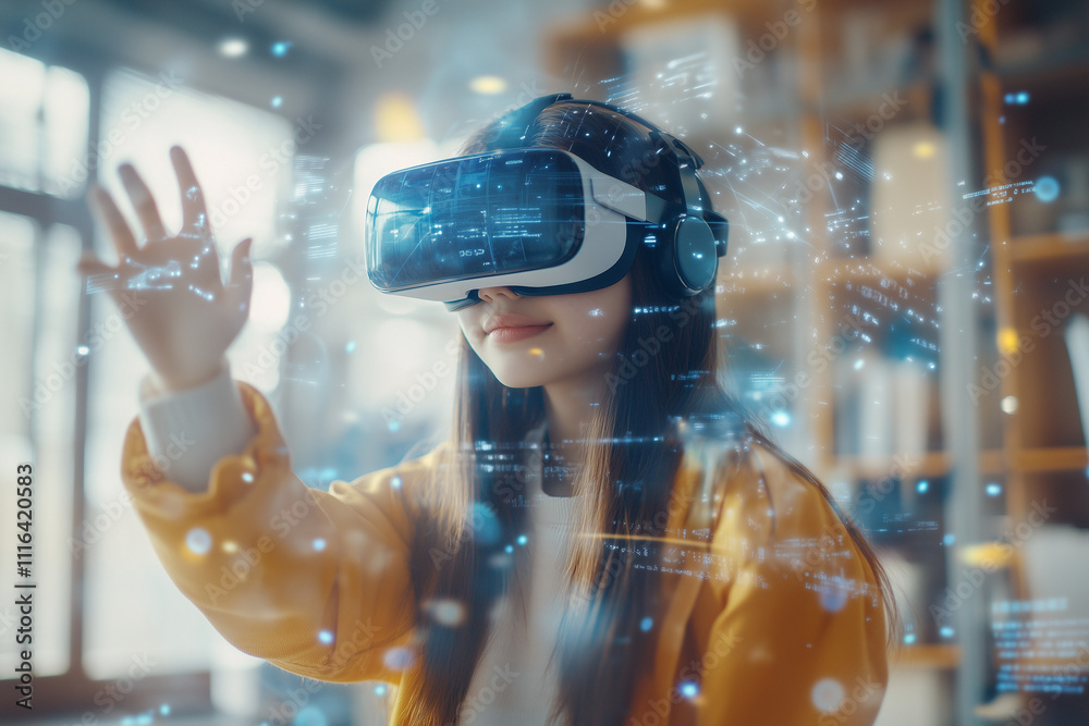 School student with VR headset using AI artificial intelligence ...